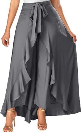 Generic Pantalon &eacute;l&eacute;gant &agrave; nouer &agrave; la taille - Ourlet &agrave; volants irr&eacute;guliers - Jupe longue fendue - Pantalon palazzo &eacute;l&eacute;gant et fluide &agrave; jambe large pour l&eacute;t&eacute; 