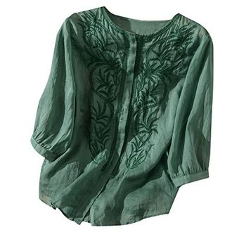 Generic Chemise en lin &agrave; manches 3/4 pour femme - Motif floral brod&eacute; - Style r&eacute;tro boh&egrave;me ethnique paysanne - Chemisier tendance, Vert, XXL