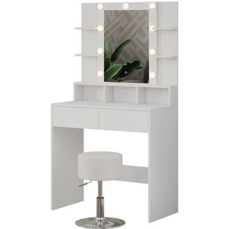 Vicco Coiffeuse Taylor, Blanc, 80 cm avec &eacute;clairage led et tabouret