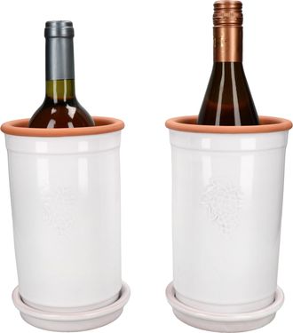MamboCat | 2er Set Ton-Weinkühler + Untersetzer weiß lasiert I Ø 12,5 cm I H 21 cm I Flaschen-Kühler für Wasser, Wein & Sekt I kühlt stundenlang I Terracotta