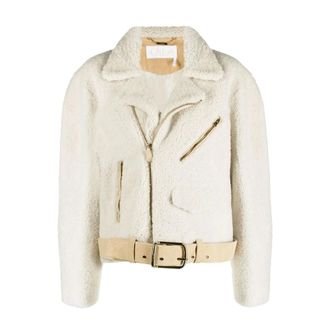 Chlo&eacute; Femme, Vestes, Beige, Taille: 40 FR Veste en fausse fourrure avec d&eacute;tails en cuir