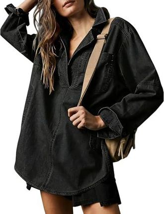 Generic Veste en jean oversize pour femme, col V, boutons, chemise en jean &agrave; manches longues, style d&eacute;contract&eacute; printanier, noire, grande taille