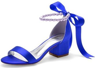 Generic Chaussures De Mariage Sangle De Cheville Talon Bas Femme Talon Satinée des Pompes Mariée Peep Toe Chunky Heels 5.5Cm,Bleu,39 EU