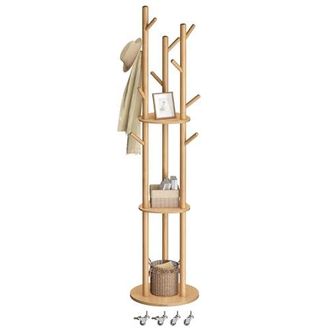 Vasagle Portemanteau, avec 11 Crochets et 3 &Eacute;tag&egrave;res, 4 Roulettes Pivotantes &agrave; 360&deg;, Mobile, Crochet et Poteau en Bois, pour Entr&eacute;e, Chambre, Salon, Couleur N