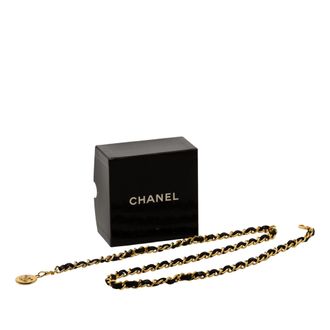 Chanel Black Leather Woven Gold Plated CC Medallion Chain Belt