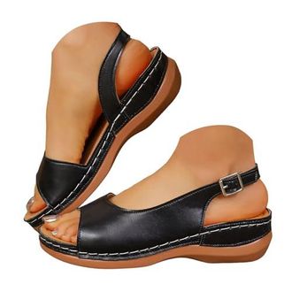 Generic Sandales compens&eacute;es pour femme - &Eacute;t&eacute; 2026 - Sandales orthop&eacute;diques d&eacute;contract&eacute;es &agrave; talon bas - Confortables - Pour la marche et la marche, Noir, 37.5 