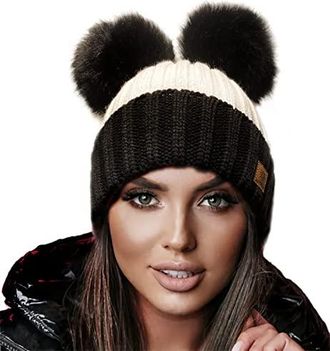 4sold Miki Mesdames Femmes dhiver Chapeau en Laine Tricoté Bonnet avec Double Pom Pom Cap Ski Snowboard Bobble (White Black)