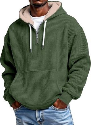 Generic Sweat &agrave; capuche pour homme avec fermeture &eacute;clair 1/4 - Confortable - Manches longues - Pull dext&eacute;rieur - Couleur unie - Pull en tricot - Haut d&eacute;contra