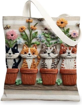 Generic Sacs fourre-tout artistiques en toile, motif chat vintage, sacs dépicerie réutilisables, légers et lavables avec bandoulière pour T, multicolore, 13x1