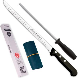 Arcos Schinkenmesser-Set, 3-teilig, Schinkenhalter, Edelstahl (240 mm), Wetzstahl und Schinkenabdeckung, professionelles Schinkenmesser-Set, iberische Palet