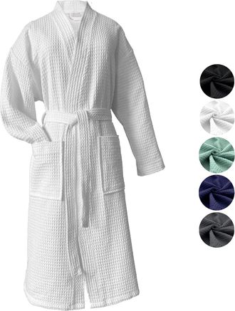 Heimtexland Bademantel Waffelpique Reisebademantel Saunamantel 100% Baumwolle Oekotex leicht schnelltrocknend hautfreundlich f&uuml;r Damen und Herren Typ881 Wei&szlig; XXXL