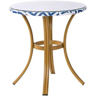 Beliani Table de Jardin ou Terrasse Type Bistro Ronde 70 cm Motifs Bleus et Blancs en Rotin Design Moderne et Boho Beliani