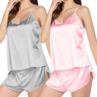 Generic Lot de 2 Pyjama Femme Sexy Chic Dentelle Pyjama Femme Ete Comfy Ensembles de Pyjama Femme &agrave; Top Debardeur Femme Col V + Pyjama Short Femme Pyjama Femm
