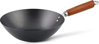 Ken Hom Carbonstahl Wokfanne mit Antihaftbeschichtung, 27cm, Classic, Nicht-Induktion/Holzgriff/Pfanne mit Flachem Boden, Nicht spülmaschinenfest