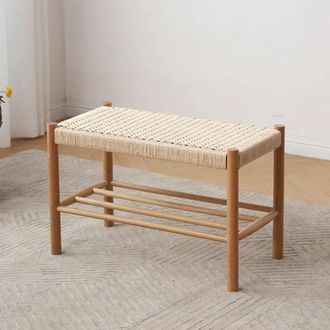 Generic Eingangsbank Mit Schuhablage - Schuhwechselbank Aus Massivholz Und Geflochtenem Hanfseil, Nussbraun(Natural Wood-Type B,27.5 L x 14 W x 18 H)