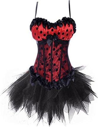 Grebrafan Corset Bustier Noir Pois Rave Punk avec Jupe en Tulle Tutu Femme (EU(36-38) L, Rouge)