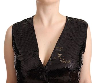 Dolce & Gabbana Womens Black Sequin V-Neck Sleeveless Vest Tank Top Polyester