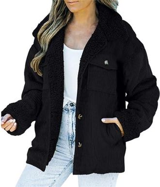 Generic Veste dhiver en velours côtelé pour femme - Élégante veste polaire doublée - Couleur unie - Veste demi-saison pour femme - Col rabattu - Veste en pelu