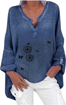 Generic Chemisier Femme Coton Lin Grande Taille en D&eacute;contract&eacute; Chemisiers Et Blouses &Eacute;t&eacute; &Agrave; Manches Longues Col V Amples Hauts L&eacute;ger Respirant Tunic &Agrave; La Mode 