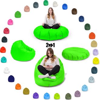 BuBiBag 2in1 Sitzsack Sitzkissen mit Füllung |Small Ø: 85 cm, Neongrün | Indoor & Outdoor Beanbag | Geeignet für Kinder Innen- & Außenbereich Kinderzimmer | W