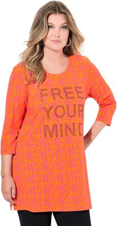 Miamoda Damen gro&szlig;e Gr&ouml;&szlig;en &Uuml;bergr&ouml;&szlig;en Plus Size Longshirt, Leomuster, Glitzer-Statement, 3/4-&Auml;rmel orange 56 832213650-56