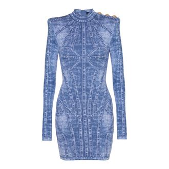 Balmain Femme, Robes, Bleu, Taille: 38 FR Robe courte en maille jacquard avec trompe-loeil Denim