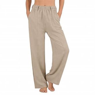 Generic Pantalon en lin pour femme - Pantalon d&eacute;t&eacute; &agrave; jambes larges - Pantalon avec taille &eacute;lastique - Pantalon de plage d&eacute;contract&eacute; - Pantalon batik pour femm