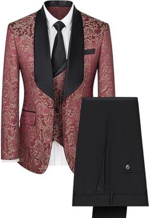 AlltheMen Costume 3 pièces Homme Paisley Tuxedo Jacquard Slim Fit Col Châle Veste pour Mariage Rouge L