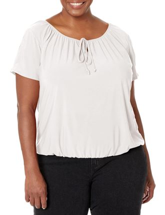 Star Vixen Damen Bauern-Top mit kurzen Ärmeln und Schlüssellochbindung, Blasensaum Bluse, Elfenbeinfarben, Large