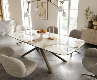 DELIFE Esstisch Edge Boot 240x120 cm Keramik Minas Melange Wei&szlig;-Beige Kreuzgestell Rechteck Effektfinish Titan, Esstische