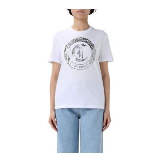 Just Cavalli Femme, Tops, Blanc, Taille: 36 FR Tee-shirt Graphique Logo Argent