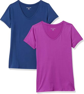 Amazon Essentials Damen Kurzärmeliges T-Shirt mit V-Ausschnitt aus Tech-Stretch-Stoff - Auslauffarben, 2er-Pack, Marineblau/Orchideenviolett, XXL Große Größen