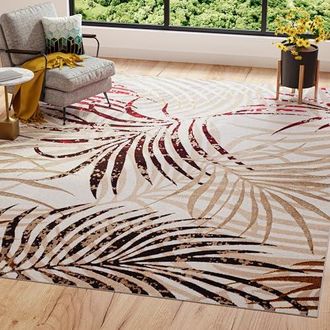 Tapiso Golden Tapis Salon Poils Courts Brillant Moderne Rouge Cr&egrave;me Or Beige Mouchet&eacute; Feuille de Palmier Tapis Chambre Adulte Salle &agrave; Manger Oeko-TEX R&eacute;sista