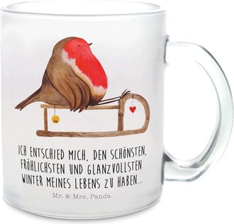 Mr. & Mrs. Panda Teetasse Rotkehlchen Schlitten - Geschenk, Wintermotiv, Vogel, Teetasse aus Glas, Teebecher, Weihnachtsdeko, Teeglas, Glas Teetasse