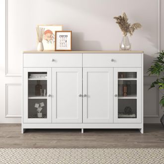 Generic Buffetschrank 120 cm Hoch 37 cm Tief Mit 2 Schubladen 4 T&uuml;ren Verstellbare Regalb&ouml;den Wei&szlig; Holzfarbe Sideboard Stauraum Kommode Gold Griffe Eisenf&uuml;&szlig;e 