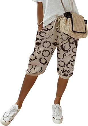 Generic Damen Leinenhose Sommer Knielang Kurze Hosen Leicht und Luftig Locker Hohe Taille Caprihose Elastisch Einfarbig Strandhose Stoffhose Casual Pants mit 