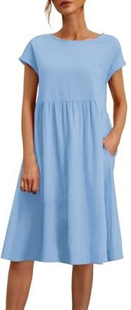 Generic Robe de plage d&eacute;contract&eacute;e et confortable en coton avec manches courtes et maxi robe longue pour femme en mousseline de soie, bleu, XXL