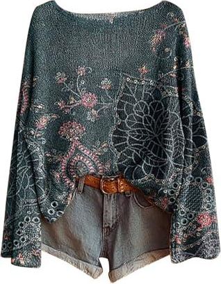 Generic Pulls, Gilets Et Sweats Femme Vintage Imprim&eacute; Floral Boh&egrave;me Pull Over Tricot&eacute; Chic Col Rond Manche Longue Sweater Tops &Agrave; Motif Hauts Grande Taille Pas