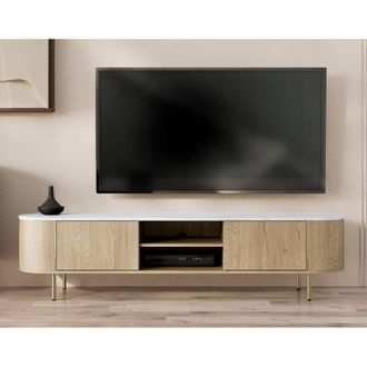 Best Mobilier Sansa - meuble tv 184 cm - 2 portes et 2 niches - plateau effet marbre - bois / blanc