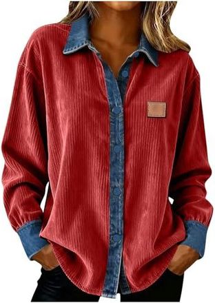 Generic Chemise en velours c&ocirc;tel&eacute; pour femme - Chemisier surdimensionn&eacute; pour femme - Col &agrave; manches longues - Boutonn&eacute; - Hauts en Corduroy - Couleur unie - &Eacute;l&eacute;