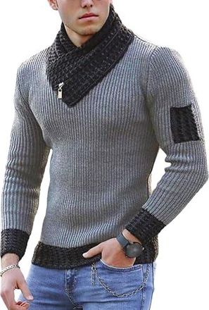 Generic Pull &agrave; col ch&acirc;le pour homme - Pull tricot&eacute; &agrave; col ch&acirc;le - Coupe ajust&eacute;e - Col haut - Pull dhiver pour homme, gris clair, 3XL