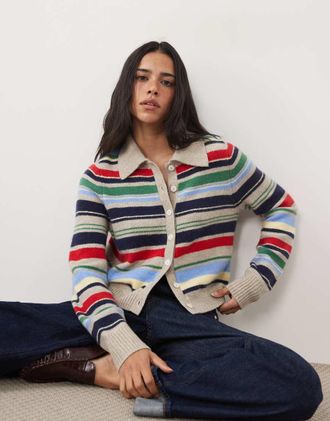 Abercrombie & Fitch Cropped-Strickjacke mit Kragen in mehrfarbigem Streifenmuster-Multi