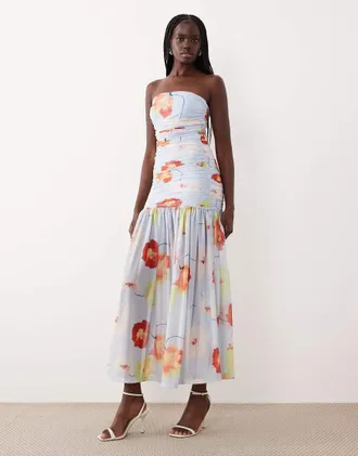 Bardot Solana - Robe bandeau longue en tulle fronc&eacute; - Bleu fleuri