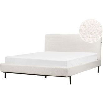Beliani Bett Cremewei&szlig; Boucl&eacute; mit Lattenrost 160 x 200 cm Metallf&uuml;&szlig;e Schwarz Hohes Kopfteil Modern Skandi Polsterbett Doppelbett Schlafzimmer