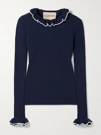 Valentino Garavani Pullover Aus Gerippter Wolle Mit Rüschen - Blau