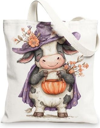 Generic Sacs fourre-tout en toile de vache mignonnes, adorables sacs de courses réutilisables, légers et lavables avec bandoulière, Blanc, 13x15 Inch