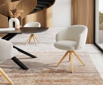 DELIFE Drehstuhl Caja-Flex mit Armlehnen Boucl&eacute; Wei&szlig; Holzgestell kantig Natur 180&deg; drehbar Taschenfederkern, Esszimmerst&uuml;hle