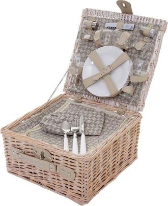 Hhg Neuwertig] Picknicktasche f&uuml;r 4 Personen, Picknickkorb-Set + K&uuml;hlfach, Porzellan Glas Edelstahl, beige