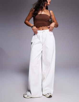 Princess Polly Naylor - Weite Jeans in Creme mit mittelhohem Bund, Kontrastnaht und weitem Bein-Wei&szlig;