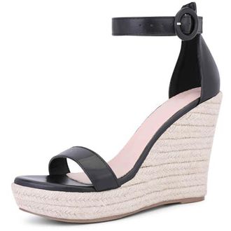 Allegra K Sandales compens&eacute;es pour femme avec sangle de cheville et bout ouvert, Noir, 36.5 EU